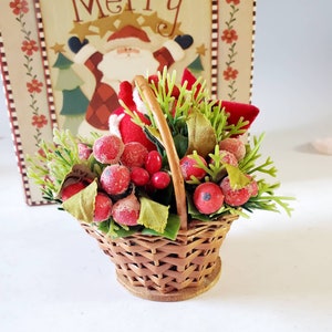 Miniature Flocked Santa Basket, Wicker Basket With Red Velvet Ribbon ...