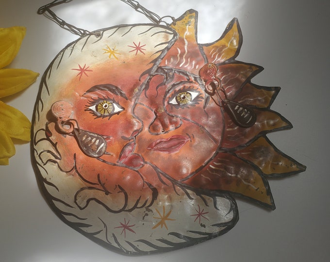Vintage Metal Suncatcher, Made in Mexico, Crescent Moon Face and Sun ...