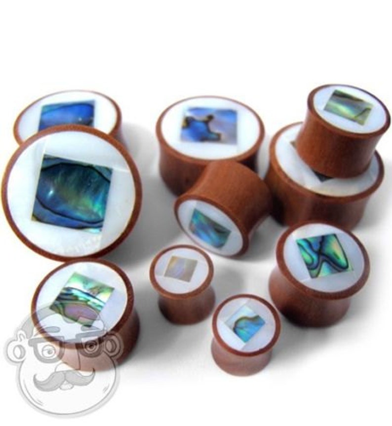 Square MOP & Abalone Shell Inlay Wood Plugs Sizes / Gauges (00G - 1 ...