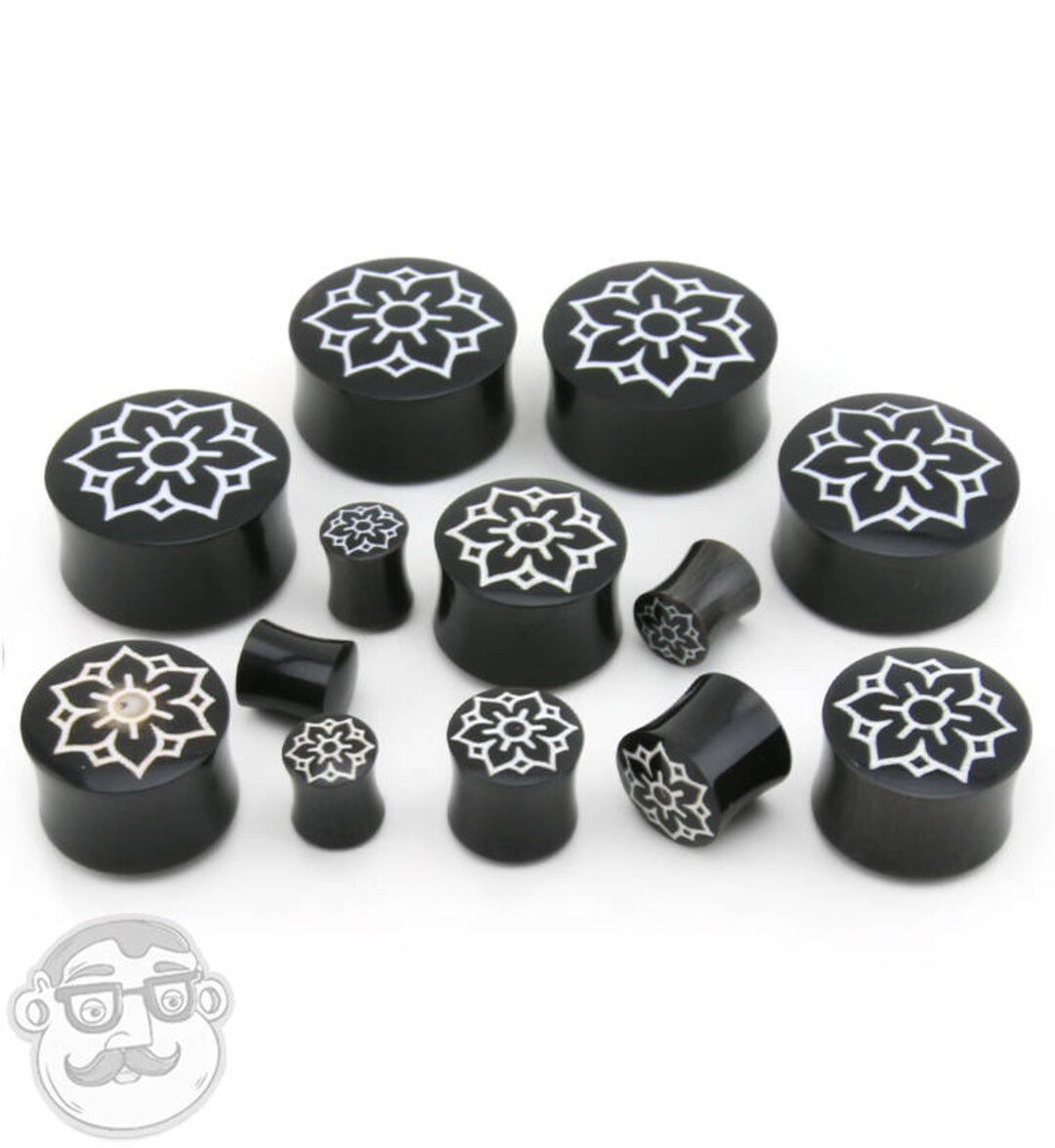 Black Horn Plugs With Lotus Inlay Sizes / Gauges 0G 1 - Etsy