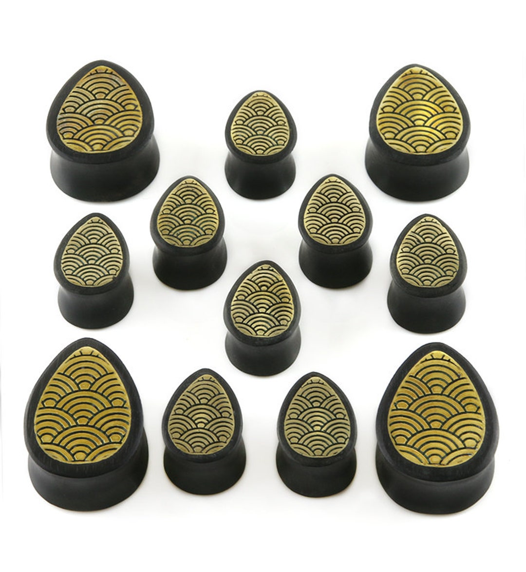 Areng Wooden Teardrop Plugs With Seigaiha Brass Inlay - Sizes / Gauges ...