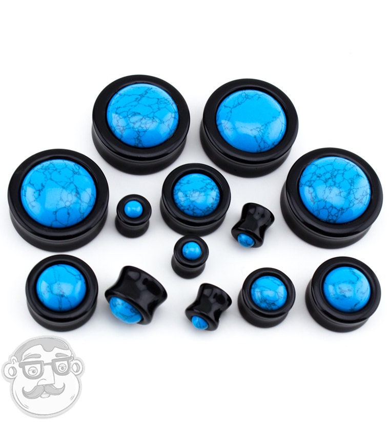 Obsidian Stone Plugs With Turquoise Howlite Stone Inlay 00G - Etsy