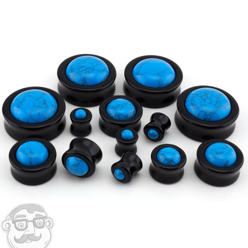 Obsidian Stone Plugs With Turquoise Howlite Stone Inlay 00G | Etsy