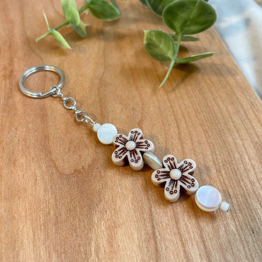 Silver Flower Beaded Keychain, Pearl and Jasper Keychain, Bohemian ...
