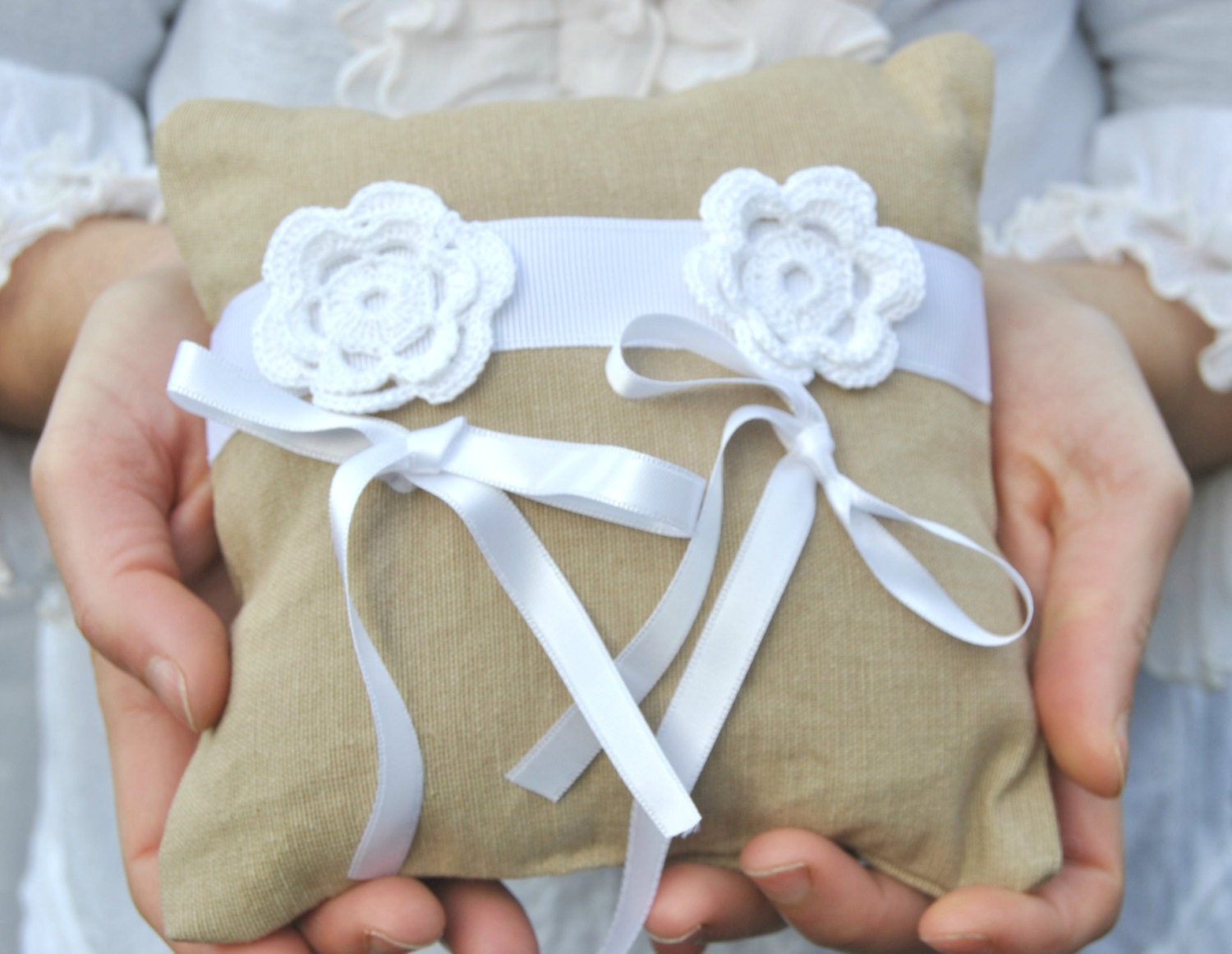 Beige Wedding Ring Cushion With Crochet White Flowers - Etsy