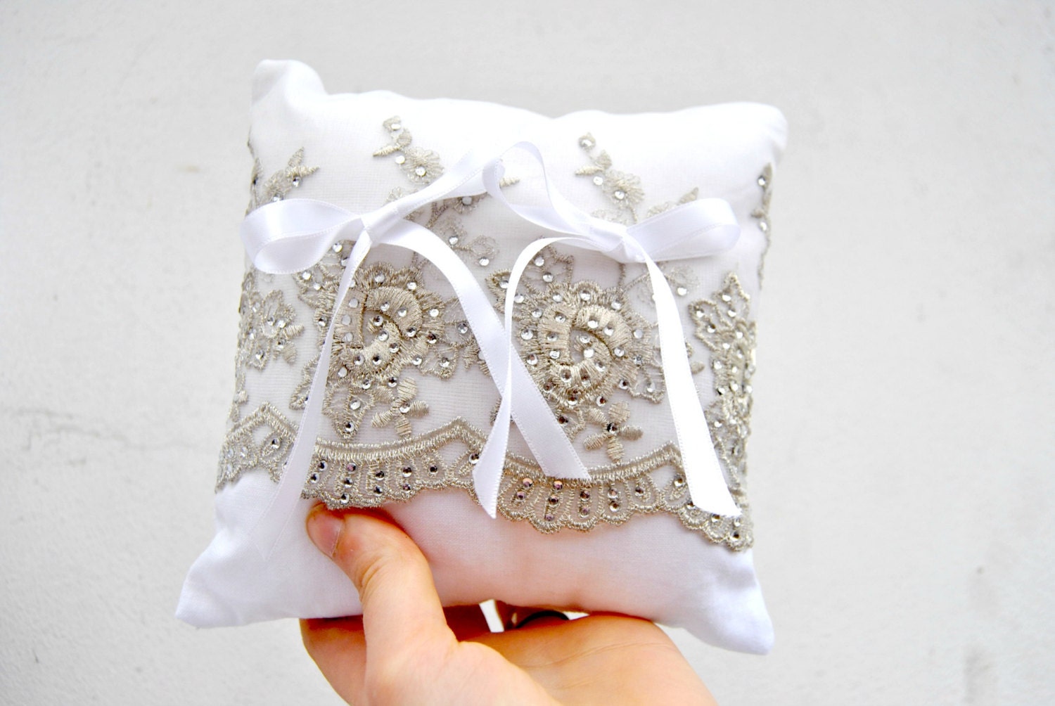 Silver Lace Wedding Ring Cushion White Embellished by - Etsy