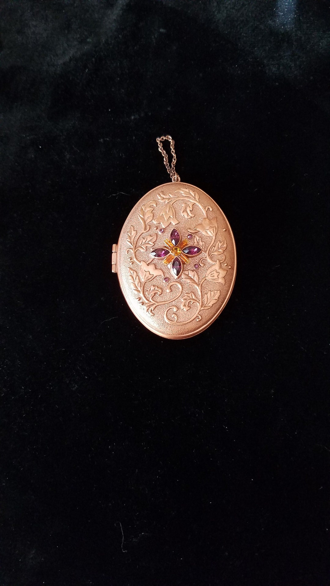 Engraved Copper Locket Box, Faceted Amethyst Stones Front & Back, Small ...