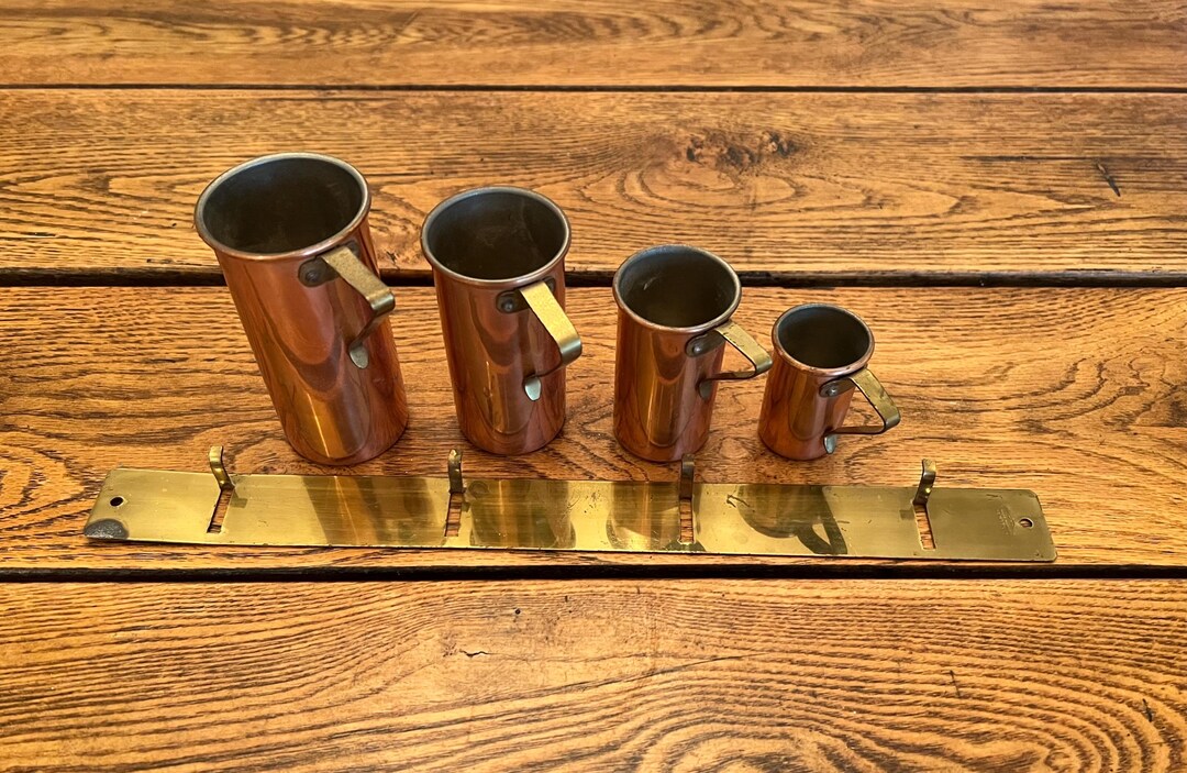 Vintage Copper and Brass Measuring Cups Set of 4 With Hanging Rack Made ...