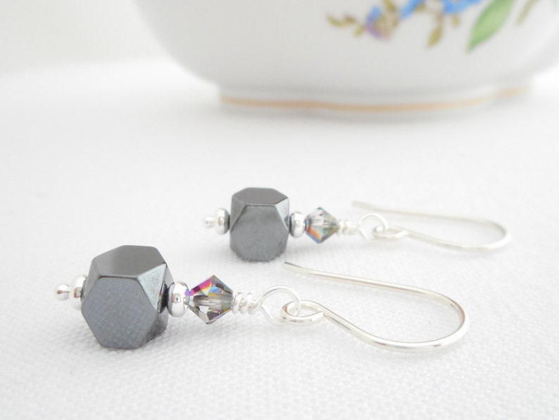 Hematite Cube Earrings Silver And Gray Stone Beaded Drop Etsy