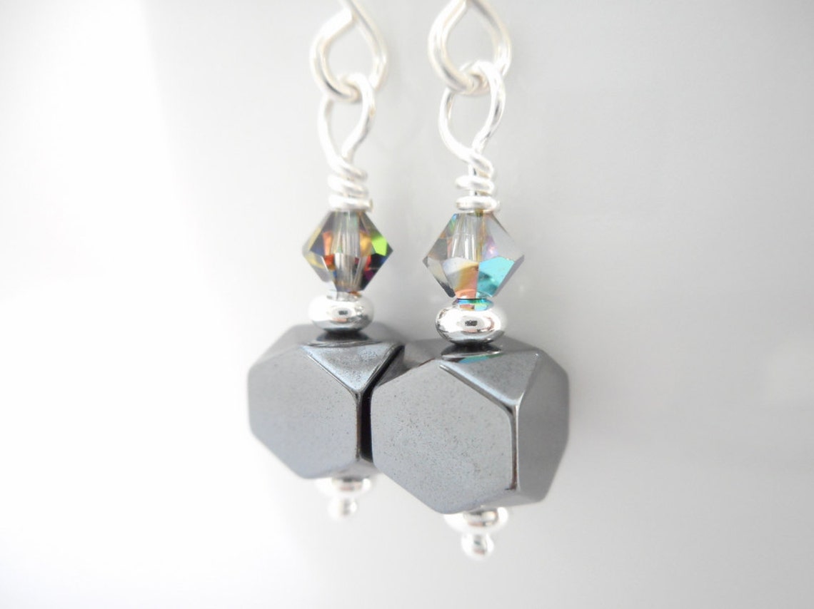 Hematite Cube Earrings Silver And Gray Stone Beaded Drop Etsy