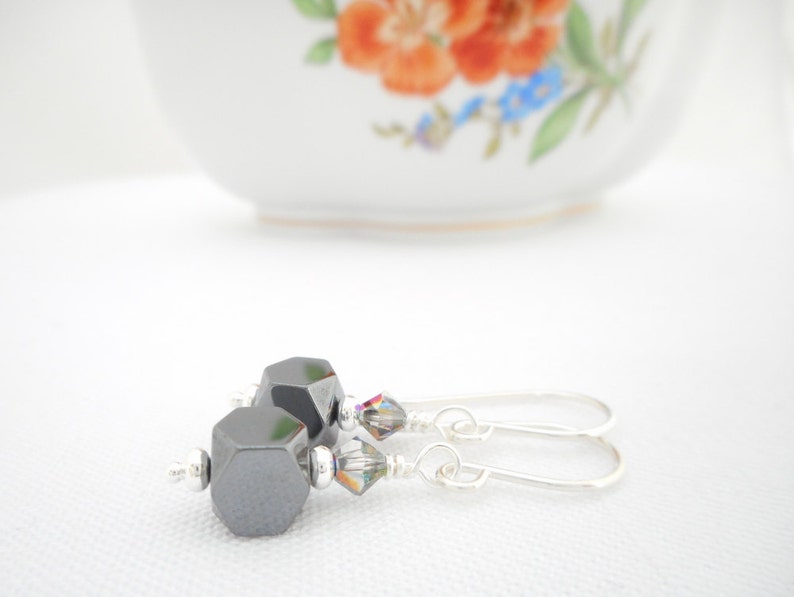 Hematite Cube Earrings Silver And Gray Stone Beaded Drop Etsy