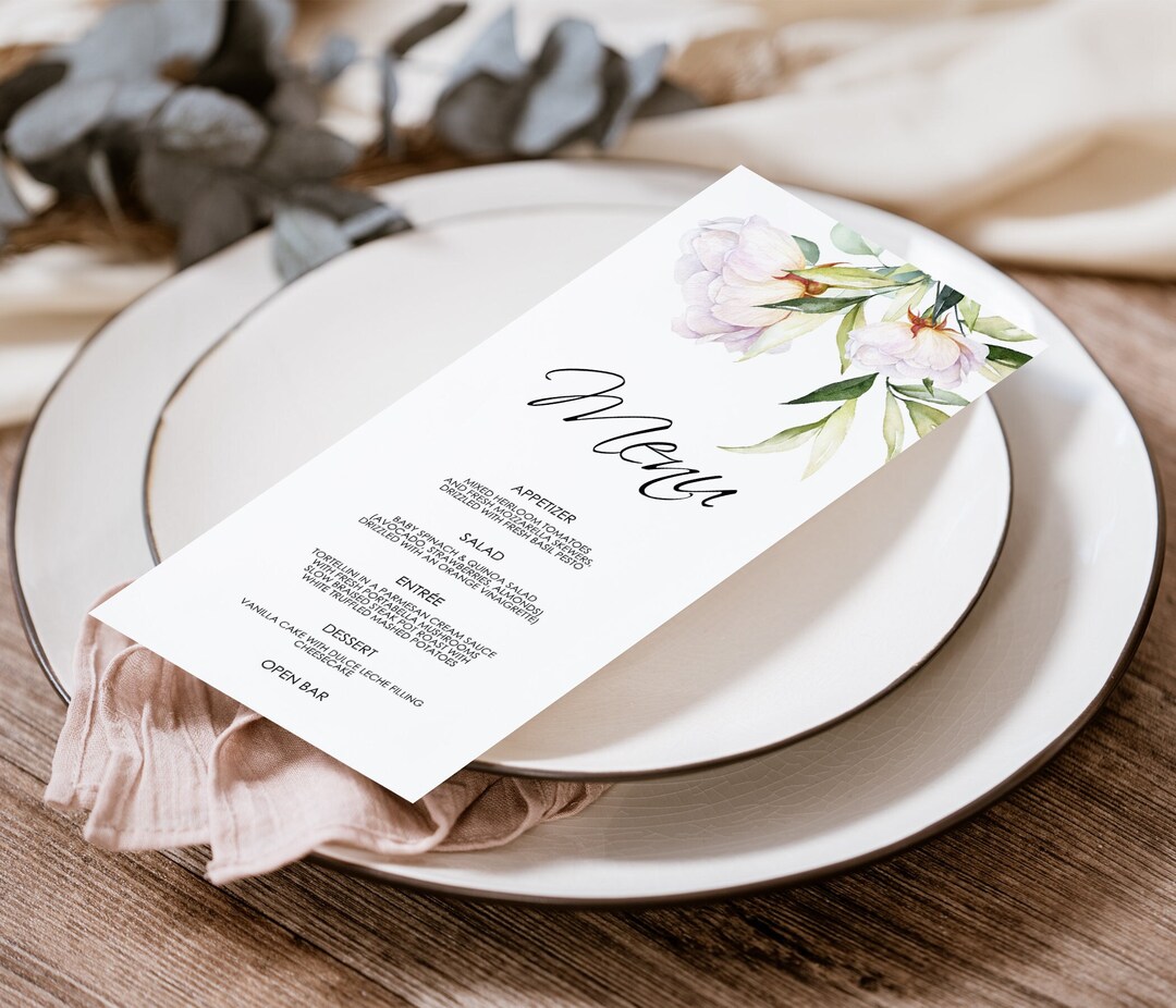 White Flowers Menu Card - Etsy