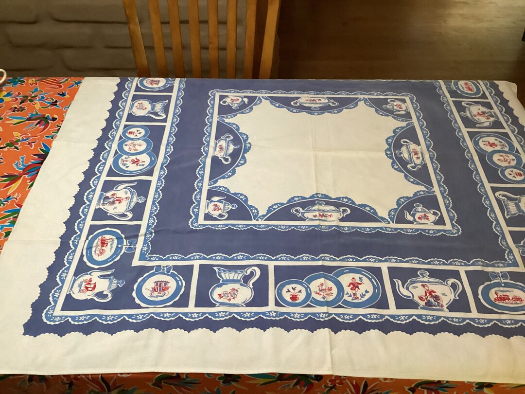 Vintage Linen Red, White, and Blue Tablecloth With Classic Dinnerware ...