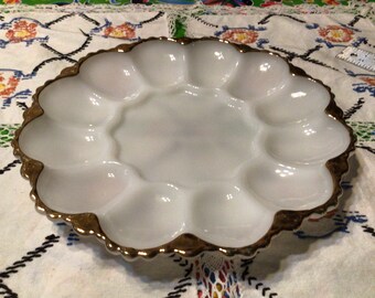 Vintage Fire King/anchor Hocking Milk Glass Gold Trimmed Deviled Egg Plate - Etsy