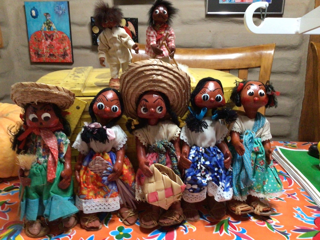 Vintage Leather Mexican Folk Art Dolls in Native Garb Wearing Huaraches ...