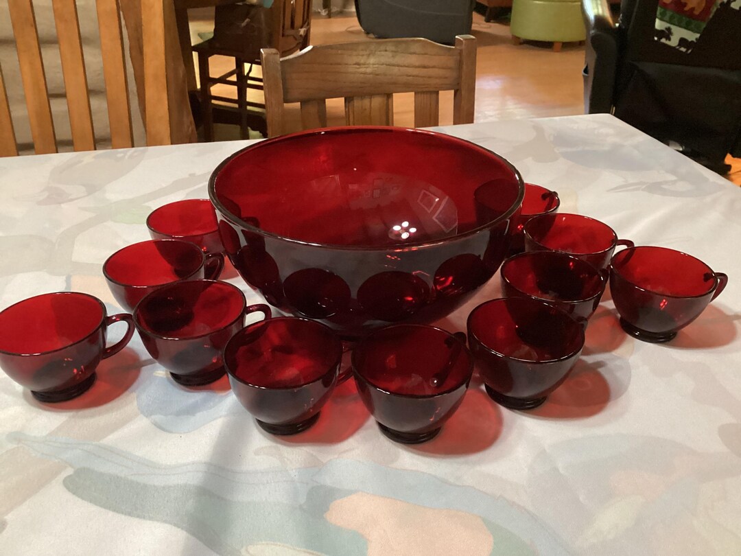 Vintage MCM Anchor Hocking Ruby Red Punch Bowl Set With 11 Cups - Etsy