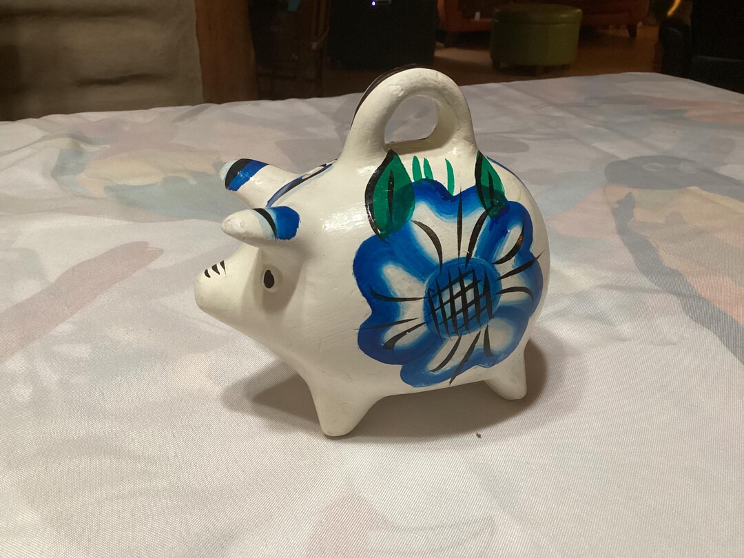 Vintage Hand Painted Ceramic Mexican Piggy Bank With Handle - Etsy