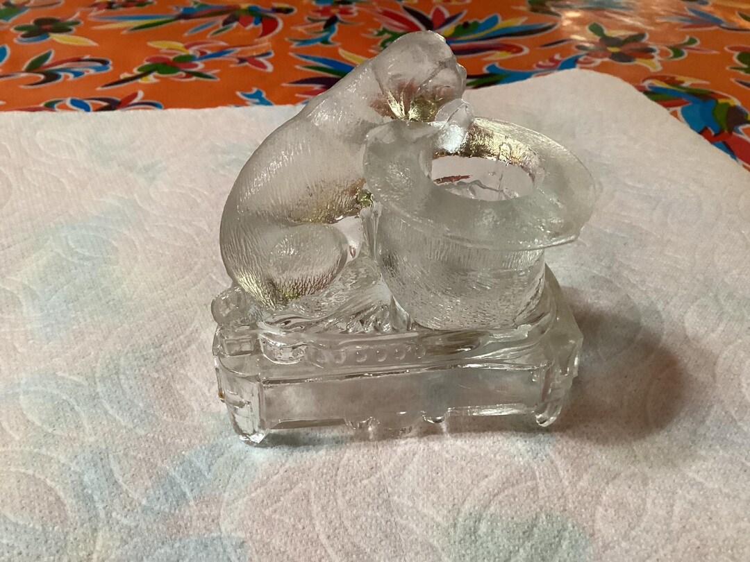 Antique Belmont Glass Co. Clear Glass Bull Dog or Puppy Biting Top Hat ...
