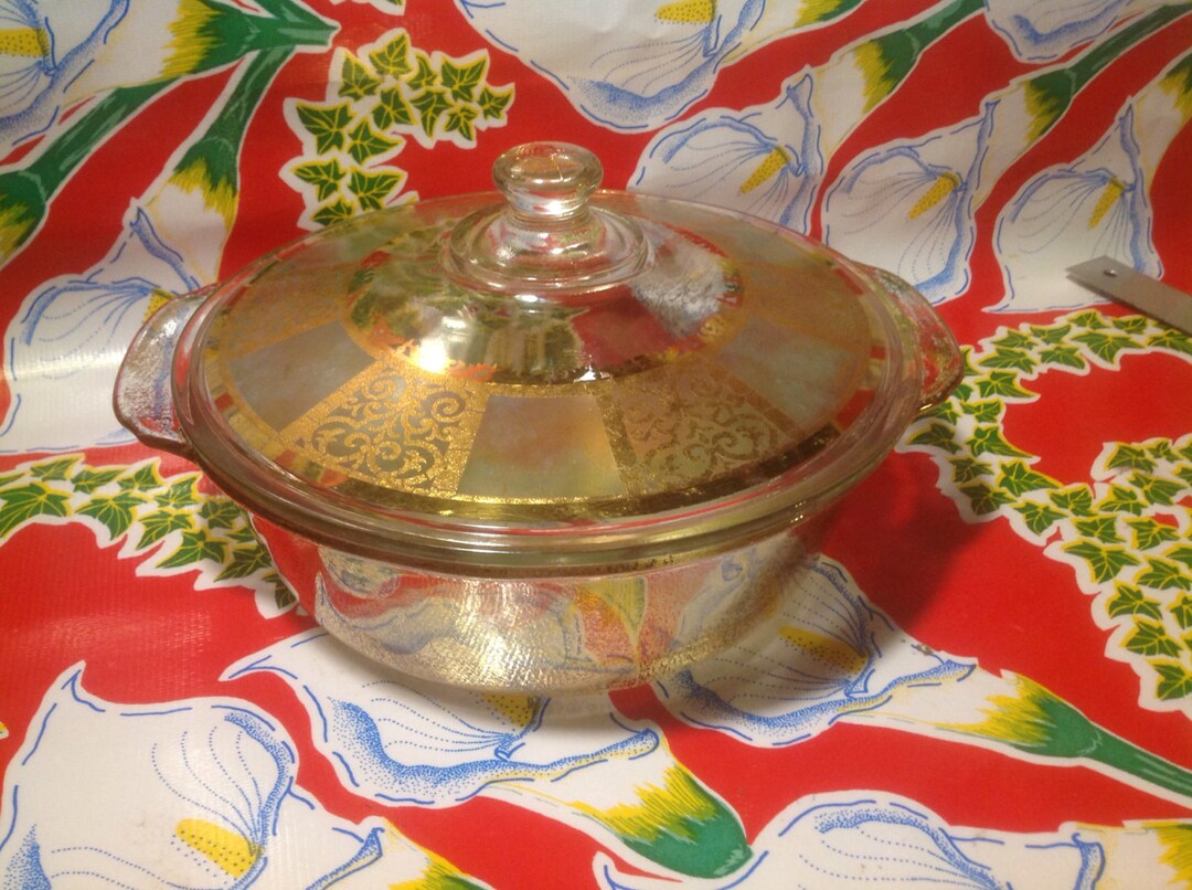Vintage Mid-century Modern Fire King Speckled Casserole Dish With Gold ...