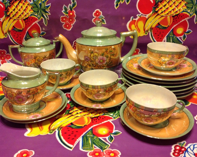 Beautiful Delicate Japanese Luster Ware Tea Set-floral Design With Gold ...