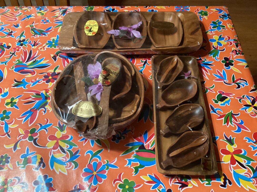 Vintage Monkey Pod Wood Luau or Party Serving Sets (salad, Appetizers ...