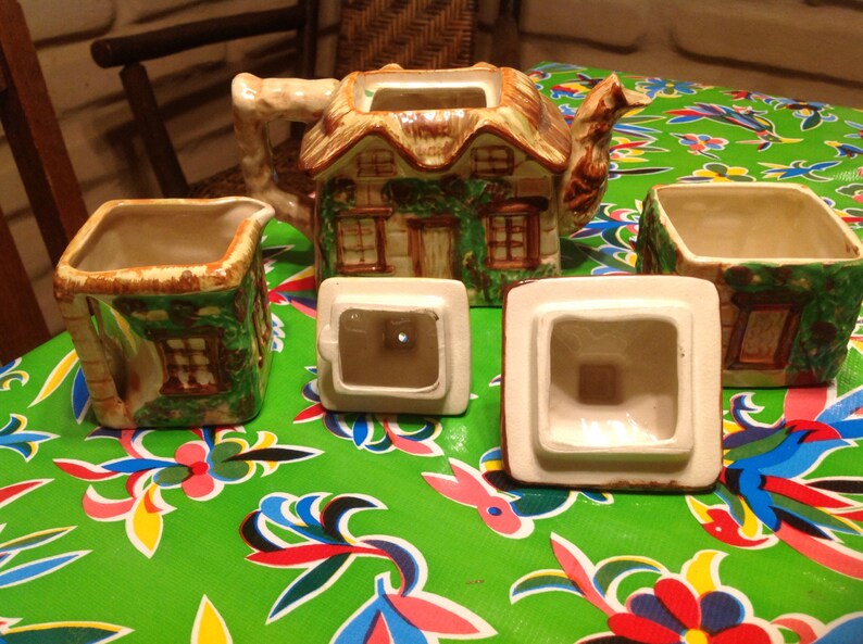 Vintage Hand Painted Ceramic Country Cottage Teapot Set With Cream and ...