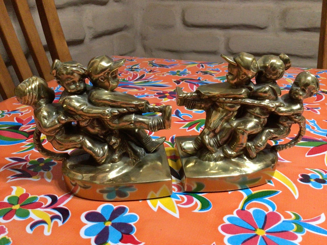Vintage Pair of Hand Cast Brass Children Playing Tug of War Bookends PM ...