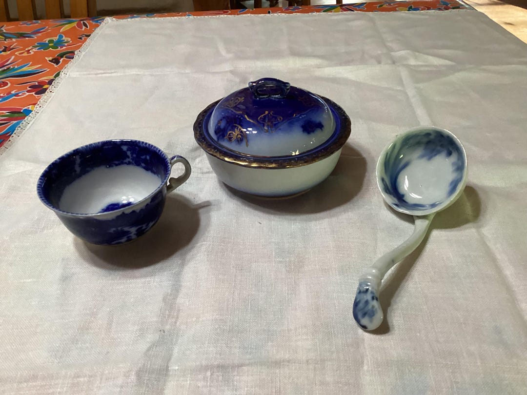 Vintage Flow Blue Dishes- Butter Dish, Ladle, and Cup-england, Sold ...