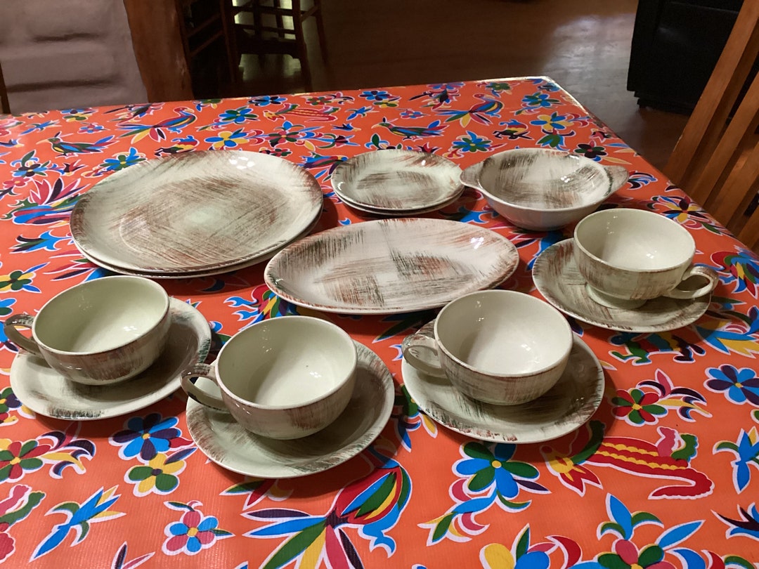 Vintage Vernonware Raffia Dish Set- Plates, Serving Dishes, Cups and ...