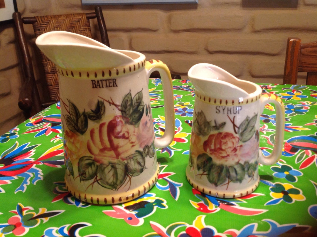 Vintage Ceramic Pancake Set of 2 Pitchers- Batter and Syrup With Floral ...