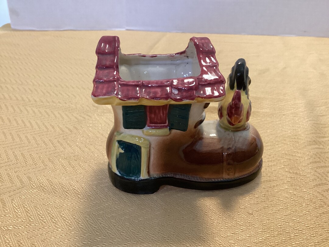 Rare Vintage Ceramic Old Shoe Boot House Home With Rooster Planter ...