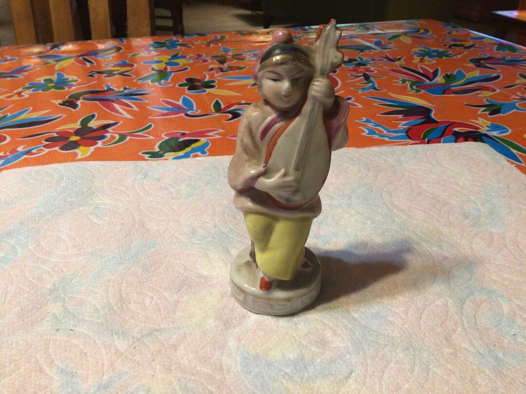 Vintage Hand Painted Seated Asian Girl Figurine Playing a Mandolin ...
