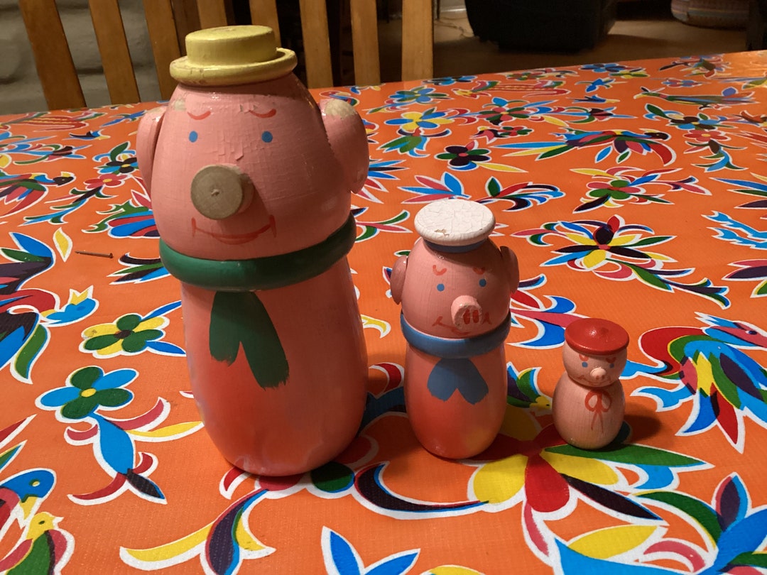 Vintage Hand Painted Wooden Pig Folk Art 3 Little Pigs Nesting Doll Set ...