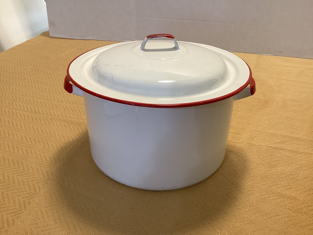 Vintage White Enamel Pot With Lid With Red Rims and Handles - Etsy