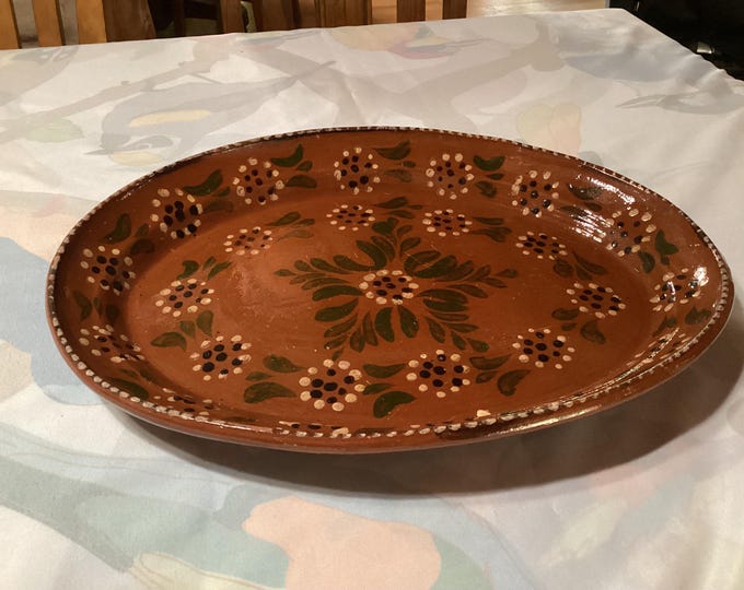 Vintage Terra Cotta Red Clay Hand Painted Oval Mexican Platter or ...