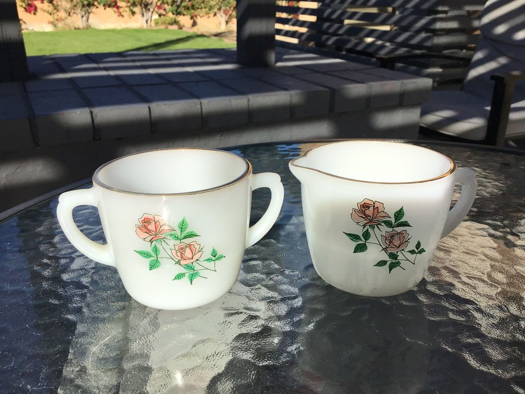 Vintage Fire King Pink Rose Milk Glass Cream and Sugar Set With Gold ...
