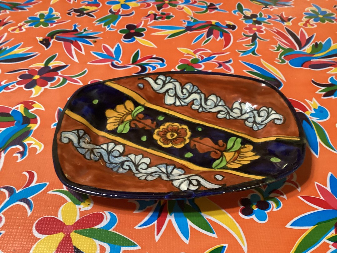Vintage Terra Cotta Red Clay Hand Painted Mexican Small Rectangular ...