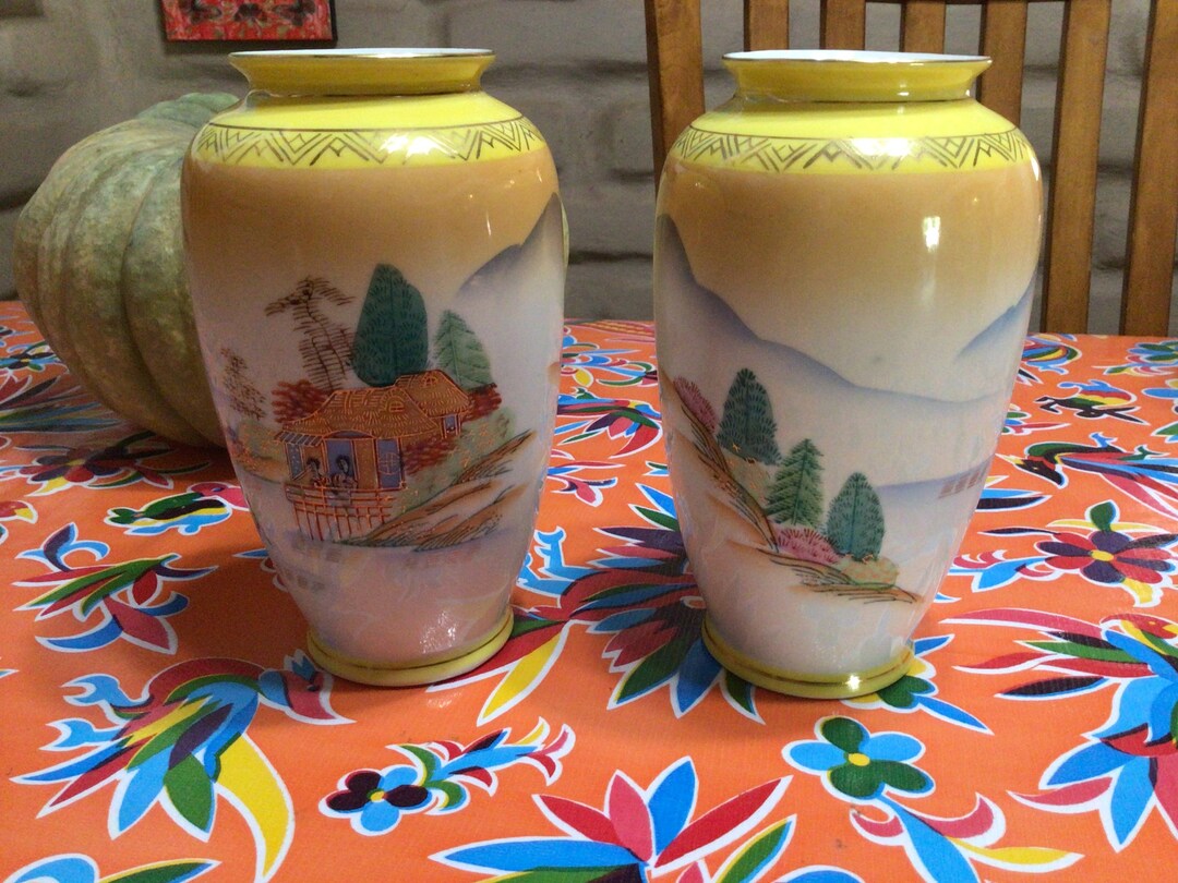 Vintage Pair of Hand Painted Urns or Vases With Countryside Designs ...