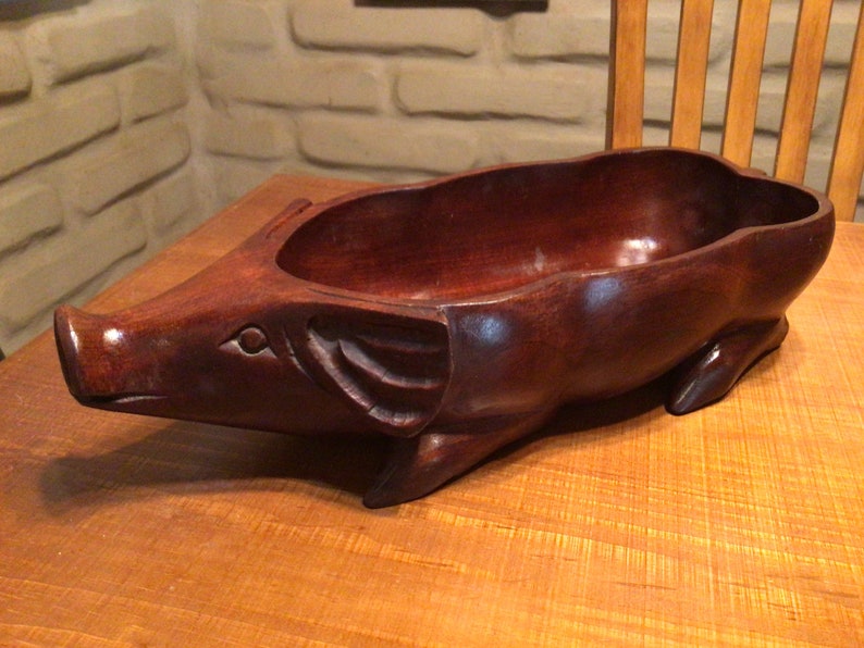 Vintage large hand carved wooden pig bowl | Etsy