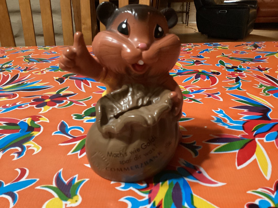 Vintage Plastic Commerzbank Squirrel Holding Sack of Money or Nuts Bank ...