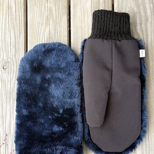 Dark Blue Faux Fur Mittens for Women, Warm Winter Gloves With Water ...