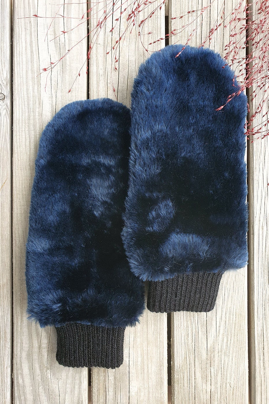 Dark Blue Faux Fur Mittens for Women, Warm Winter Gloves With Water ...