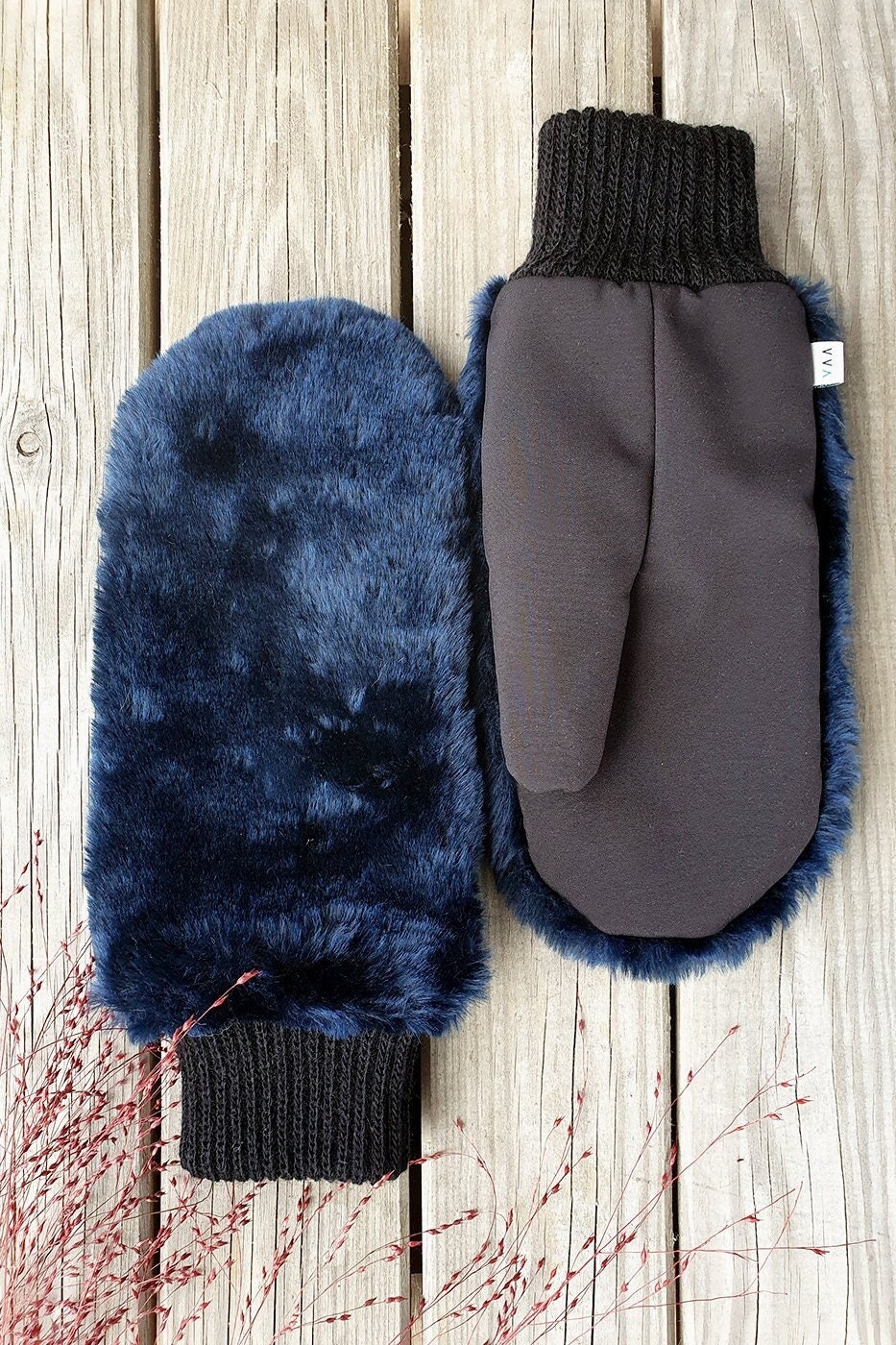 Dark Blue Faux Fur Mittens for Women, Warm Winter Gloves With Water ...