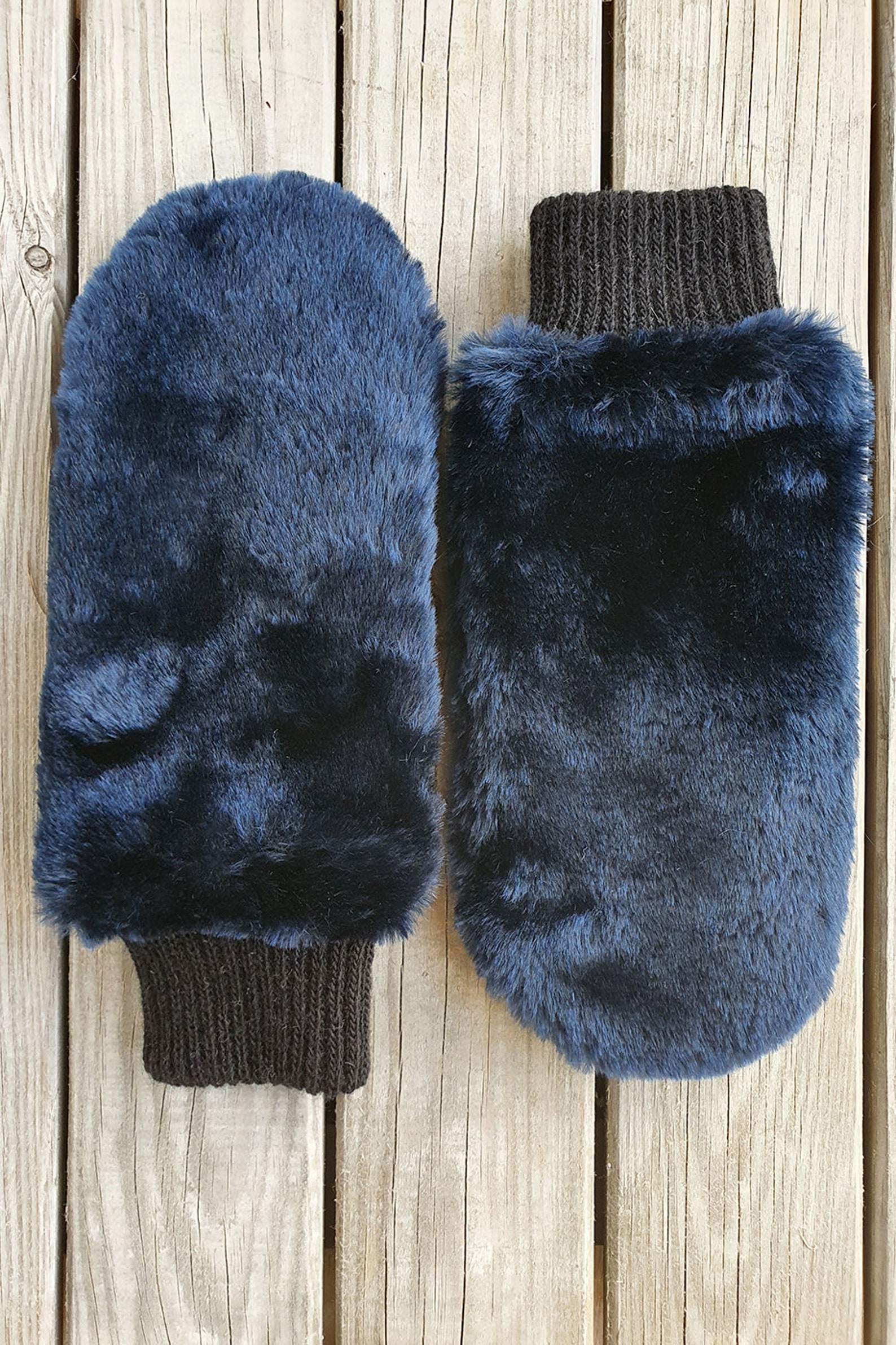 Dark Blue Faux Fur Mittens for Women, Warm Winter Gloves With Water ...