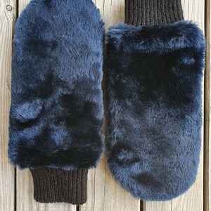 Dark Blue Faux Fur Mittens for Women, Warm Winter Gloves With Water ...