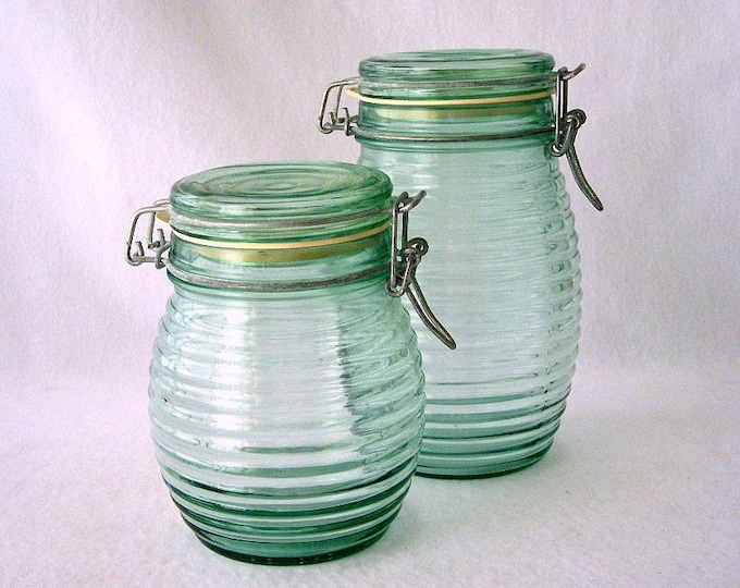 Beehive Shape Glass Storage Jars, Metal Spring Top Latch, Green Glass ...