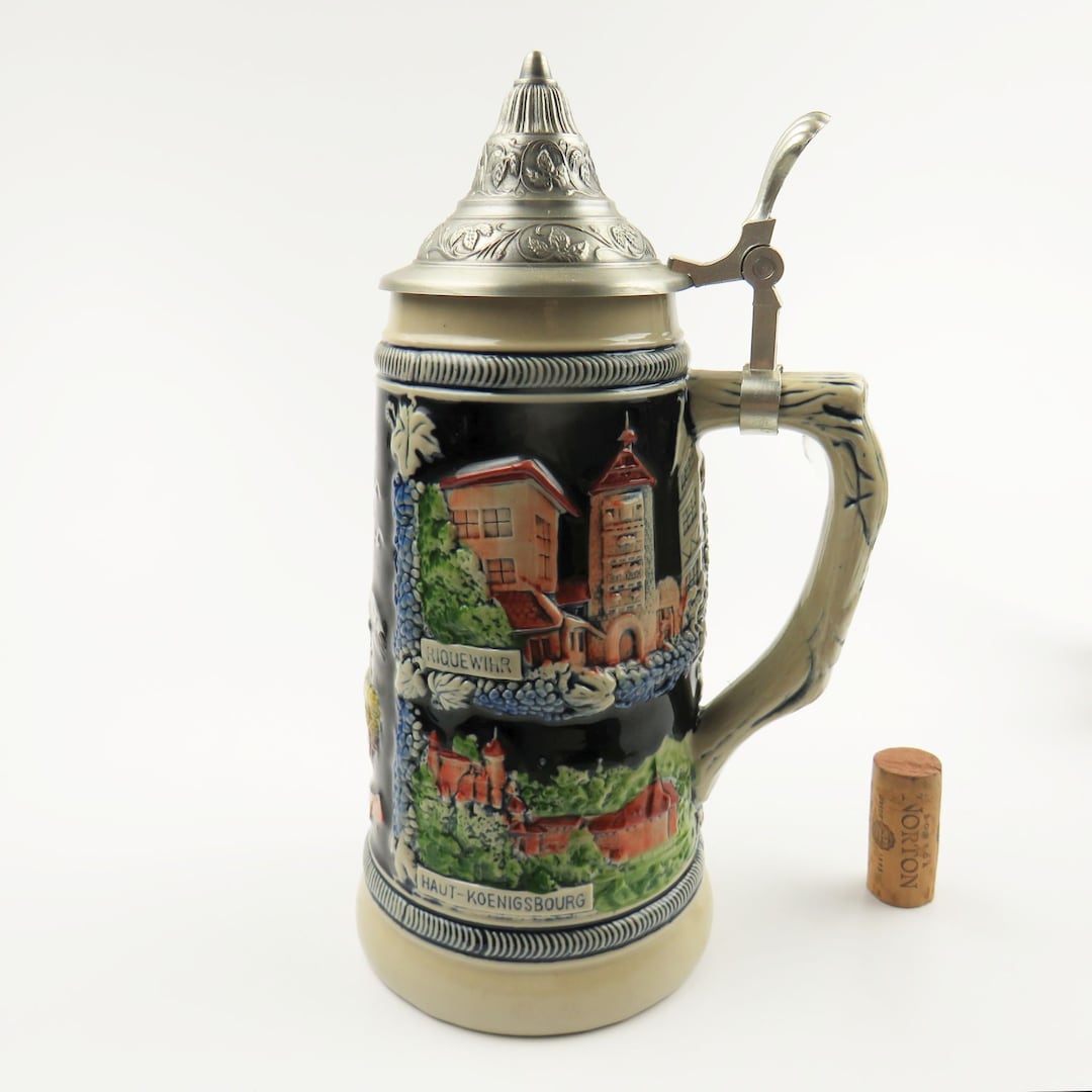 Vintage German Beer Stein: Embossed Alsace Cities Pewter Lid - Etsy