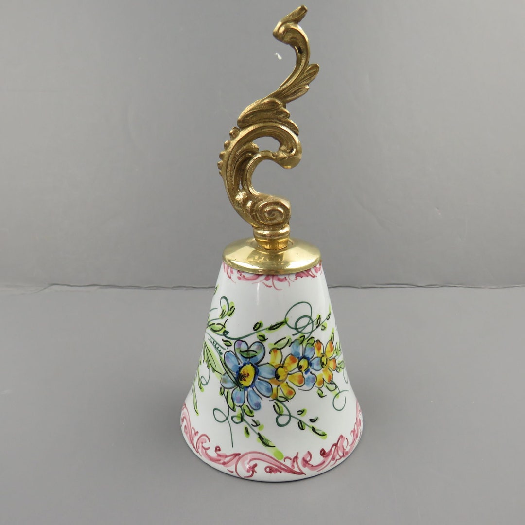 Vintage Portugal Porcelain Dinner Bell: Hand-painted Floral Brass ...