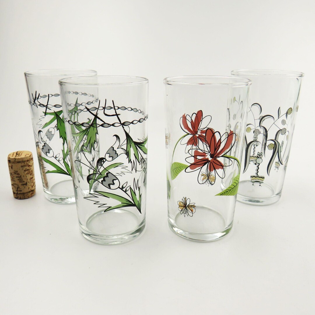 Vintage Libbey Glassware Set of 4 Botanical Floral Line Drawing Design ...