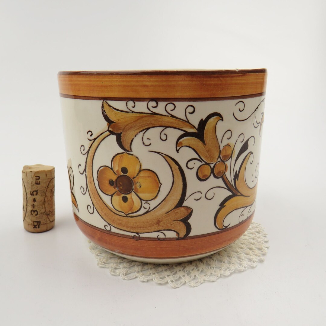 Vintage Ceramic 4 Inch Flower Pot Fleur De Lis Design Cream and Brown ...